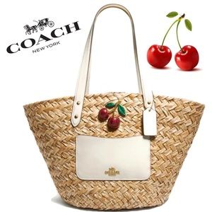Coach | Bags | Coach Straw Cherry Straw White Leather Bag Tote | Poshmark